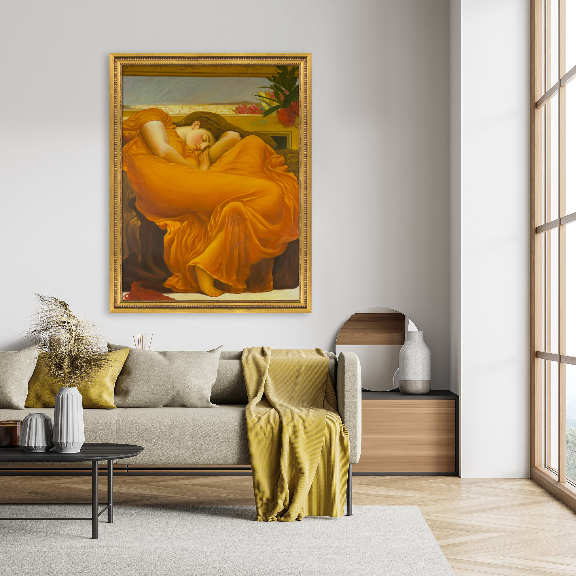 Overstock Art Flaming June by Lord Frederic Leighton - Floater Frame Painting on Canvas | Wayfair